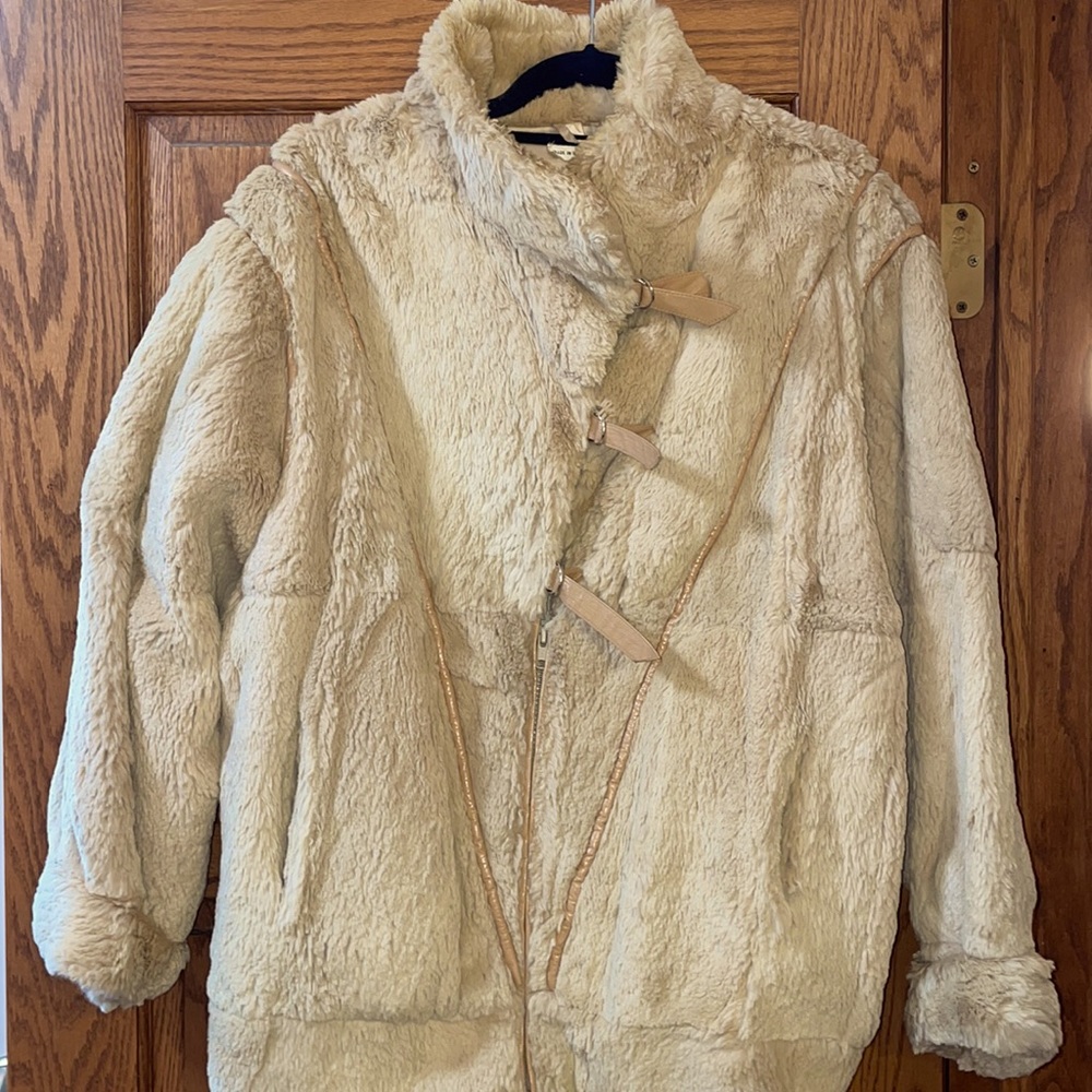 Vintage 80s Coat M Tan Rabbit Fur Leather Trim Unique… - Gem